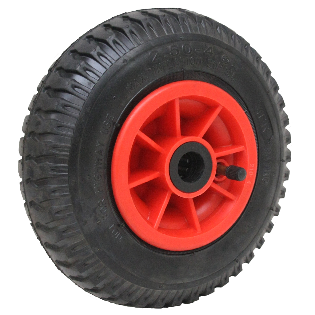 2.50-4 wheel with black pneumatic rubber tyre on red plastic rim, 100kg ...